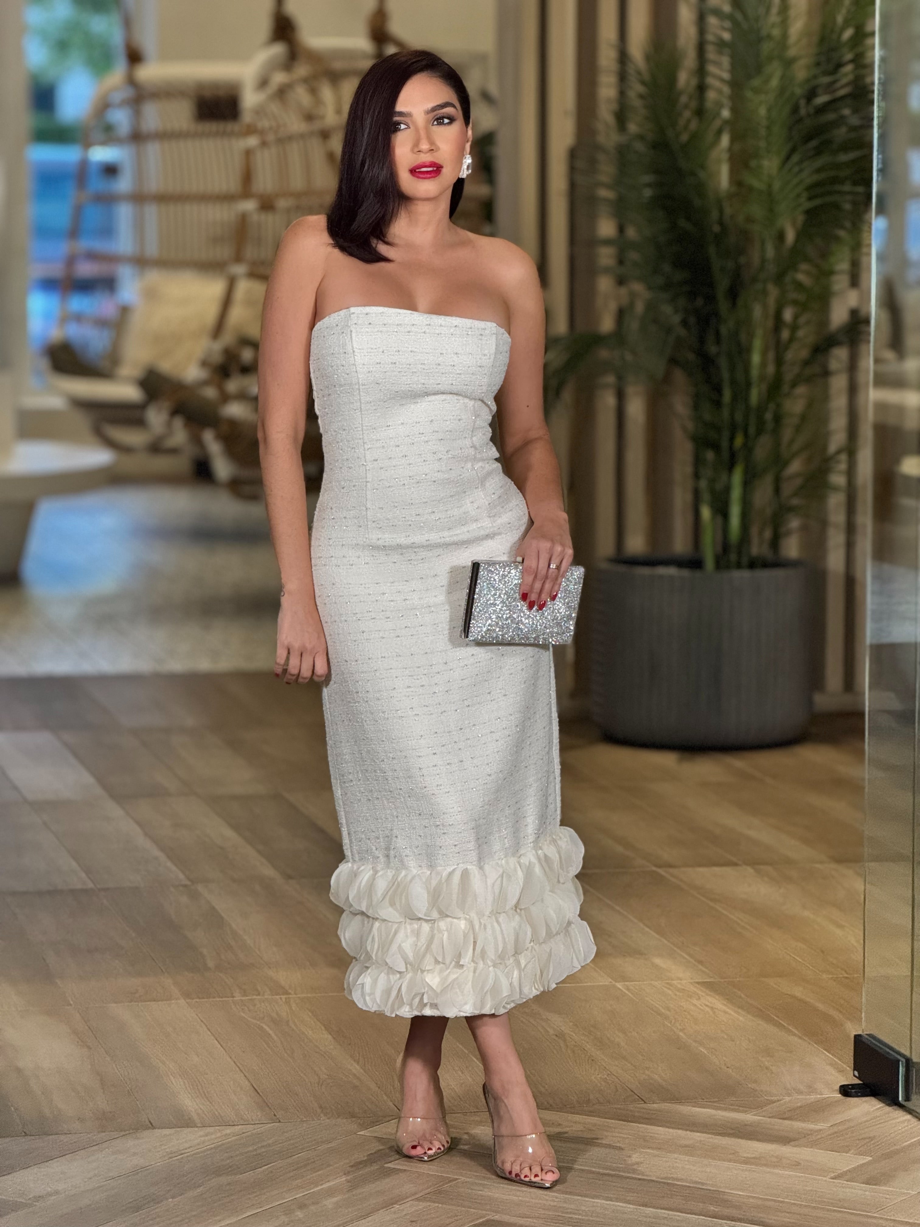 Astrid Yvory Tweed Ruffle Dress Gala – Calipso Miami